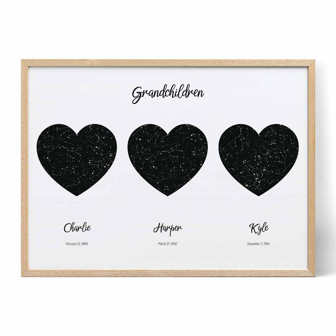 Grandkids Triple Star Map - Personalised Gift - Positive Print