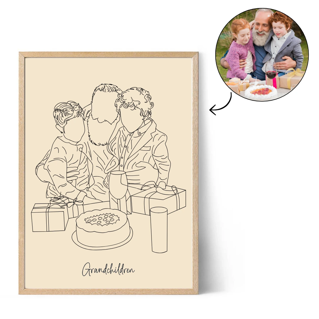 Grandpa and Grandchildren Line Art - Positive Prints